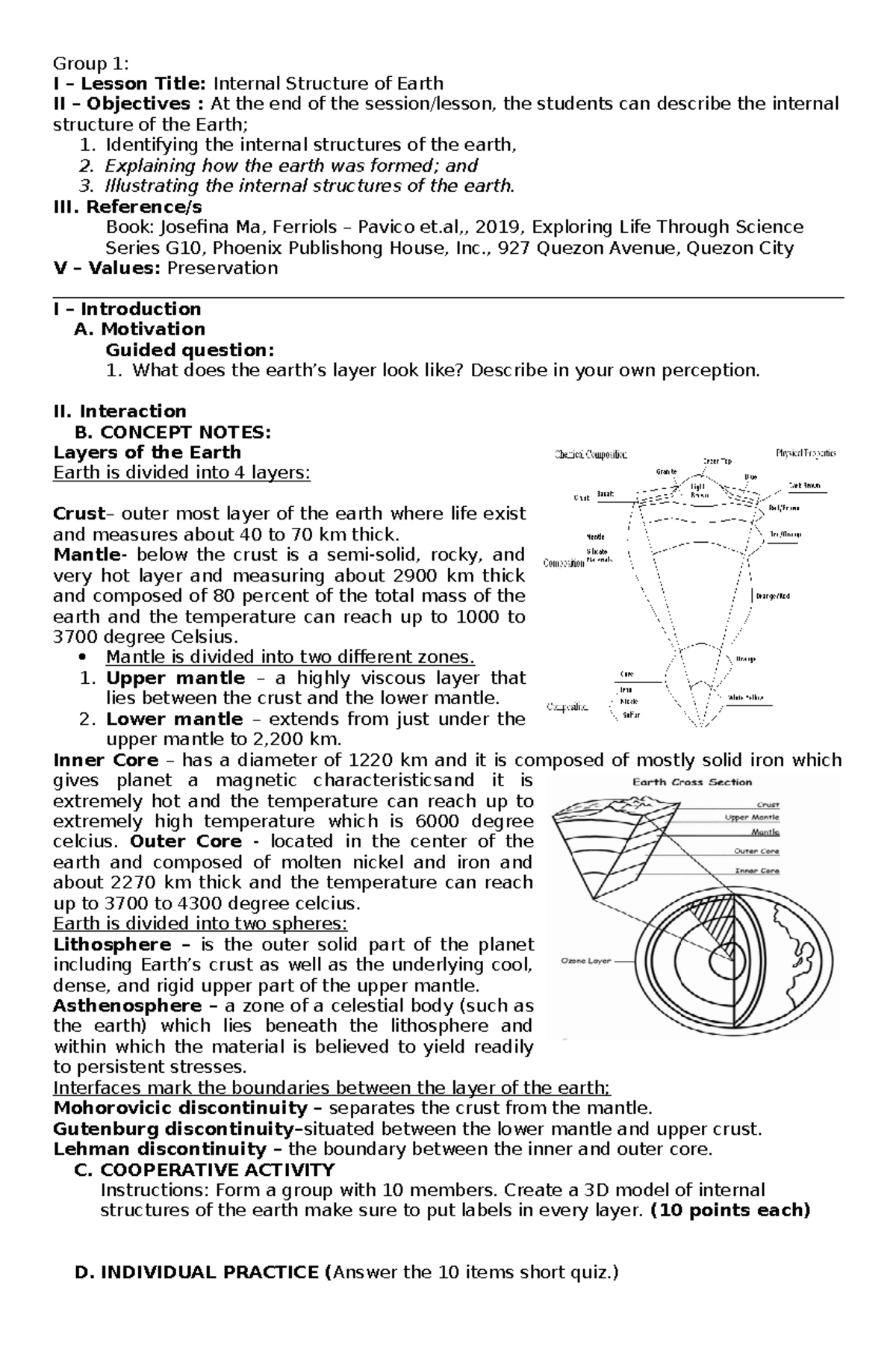 G10 - Lesson Notes: Internal Structure of Earth and Objectives - Studocu