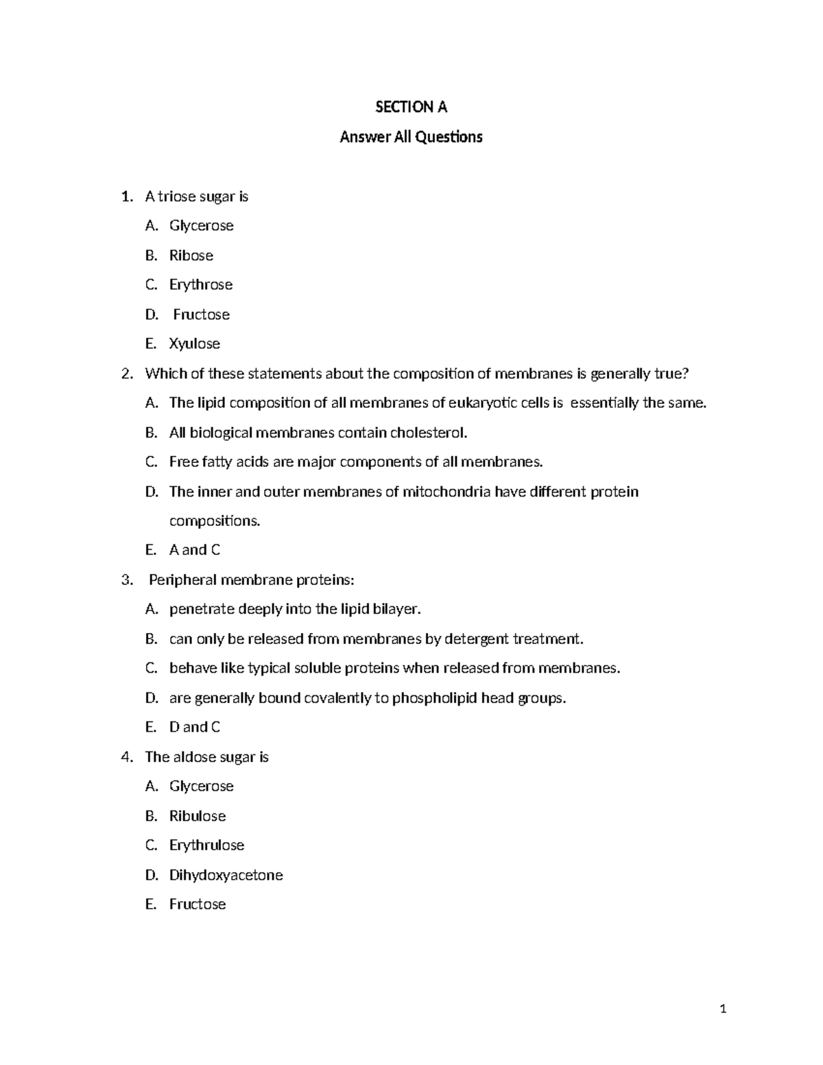 Biochemistry stage exam main paper - SECTION A Answer All Questions A ...
