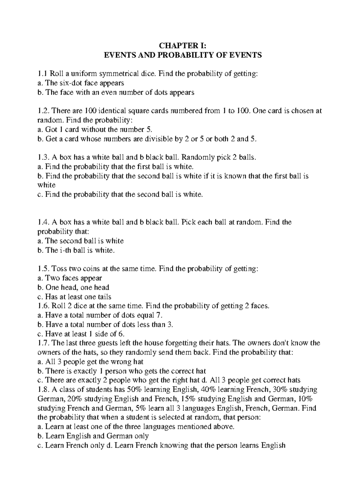 CHAPTER I: PROBABILITY EXERCISES AND SOLUTIONS 2023 - Studocu
