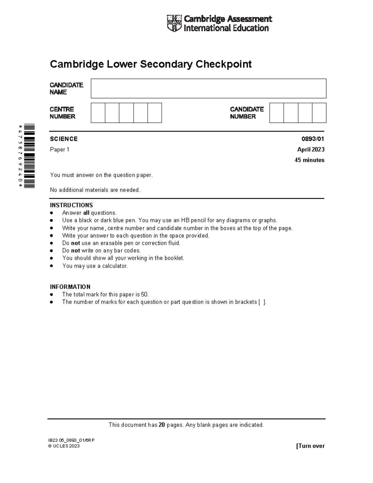 Cambridge Lower Secondary Checkpoint Science Past Papers 0893/01 April ...
