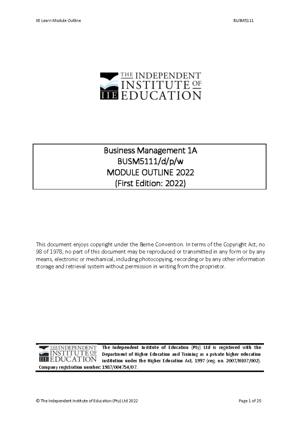 BUSM5111 2022 Module Outline: Business Management 1A - Studocu