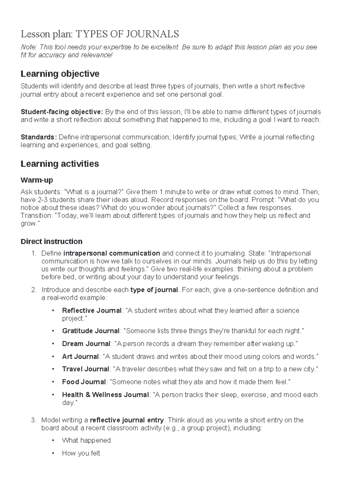 Lesson Plan: Exploring Types of Journals for Reflection and Goal ...