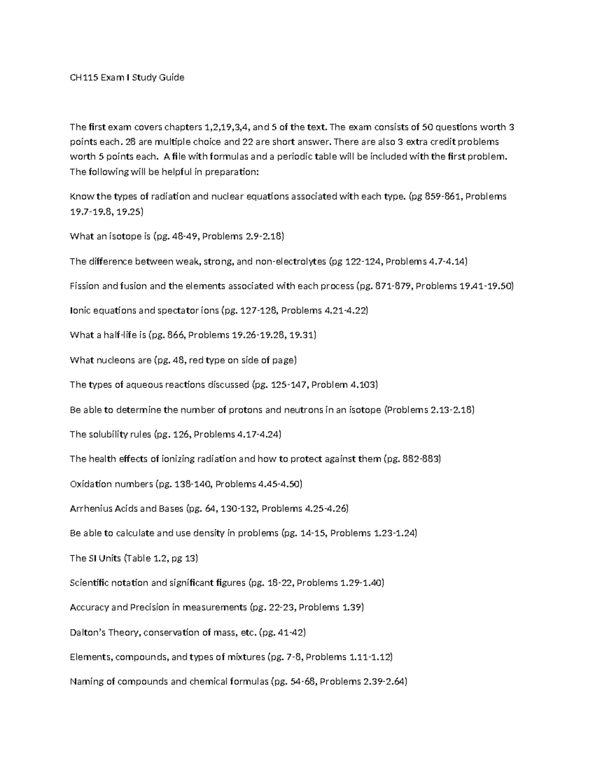 CH115 Winter Exam I Study Guide: Key Concepts & Preparation Tips - Studocu