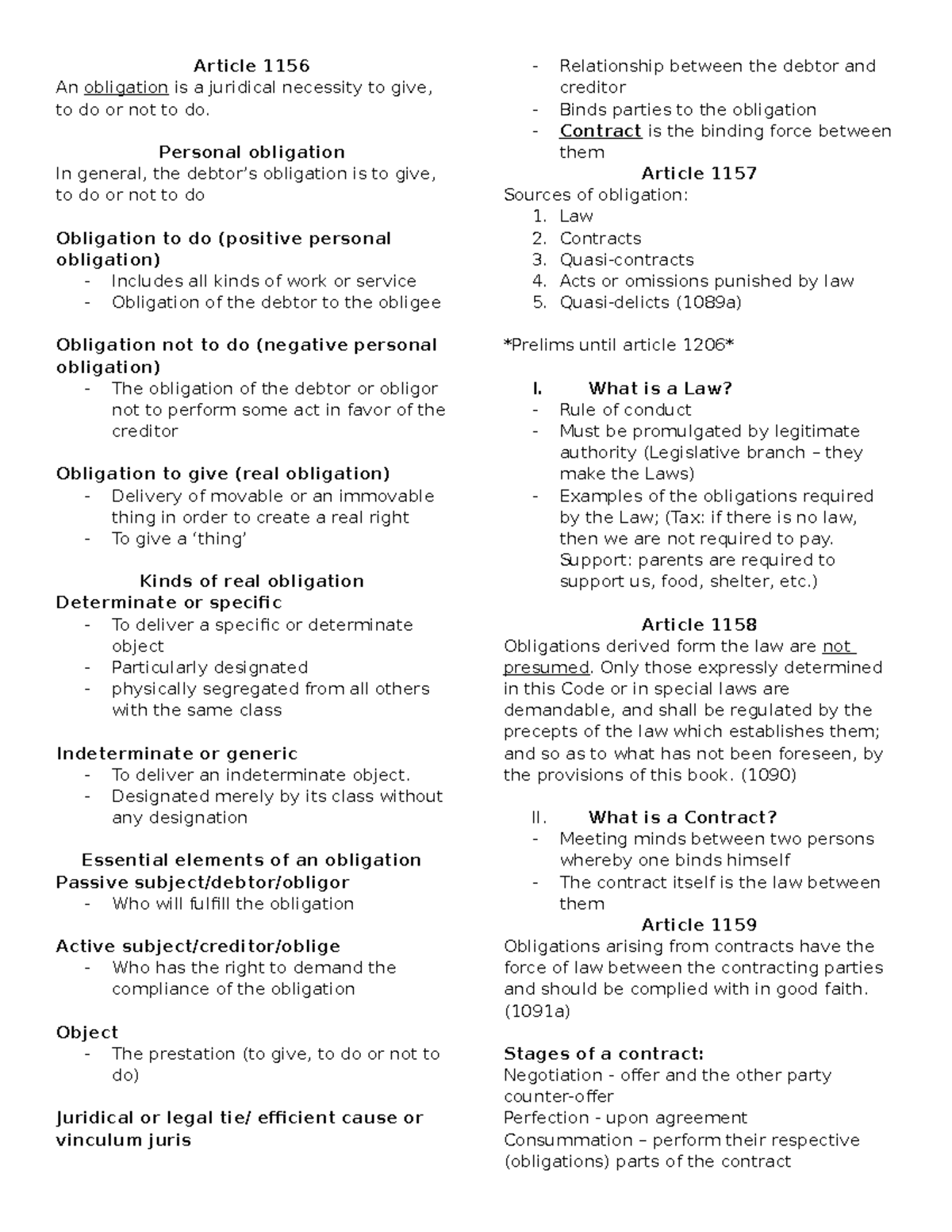 Obligation Notes: Article 1156 Overview and Key Concepts - Studocu