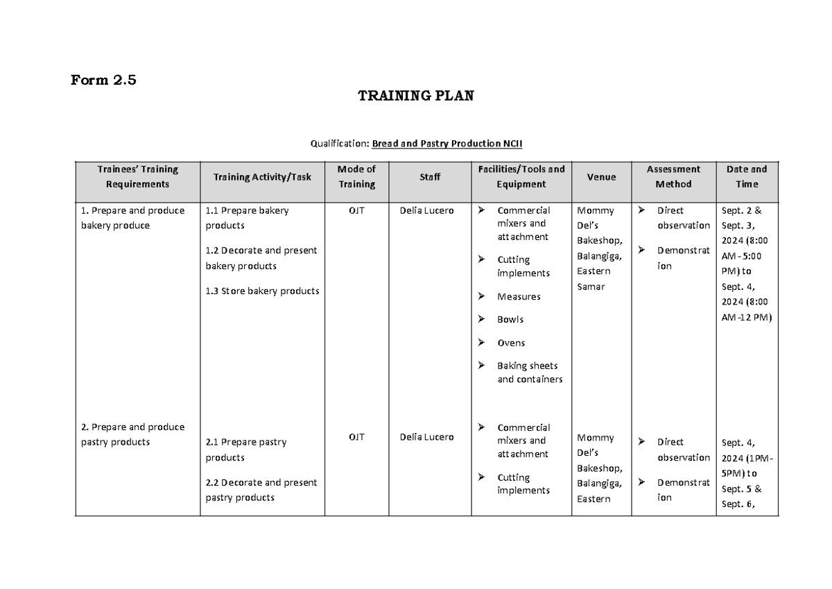 TM1 - Bread and Pastry Production NCII Training Plan - Studocu