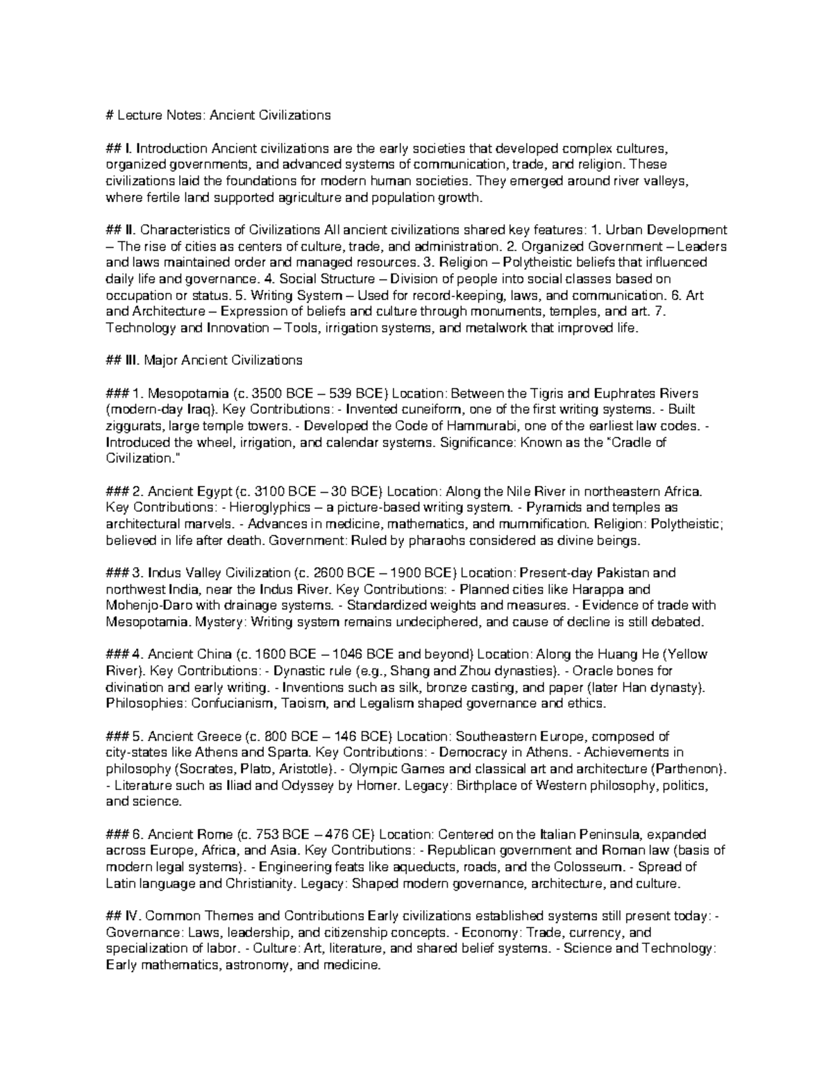 Ancient Civilizations I: Comprehensive Lecture Notes - Studocu