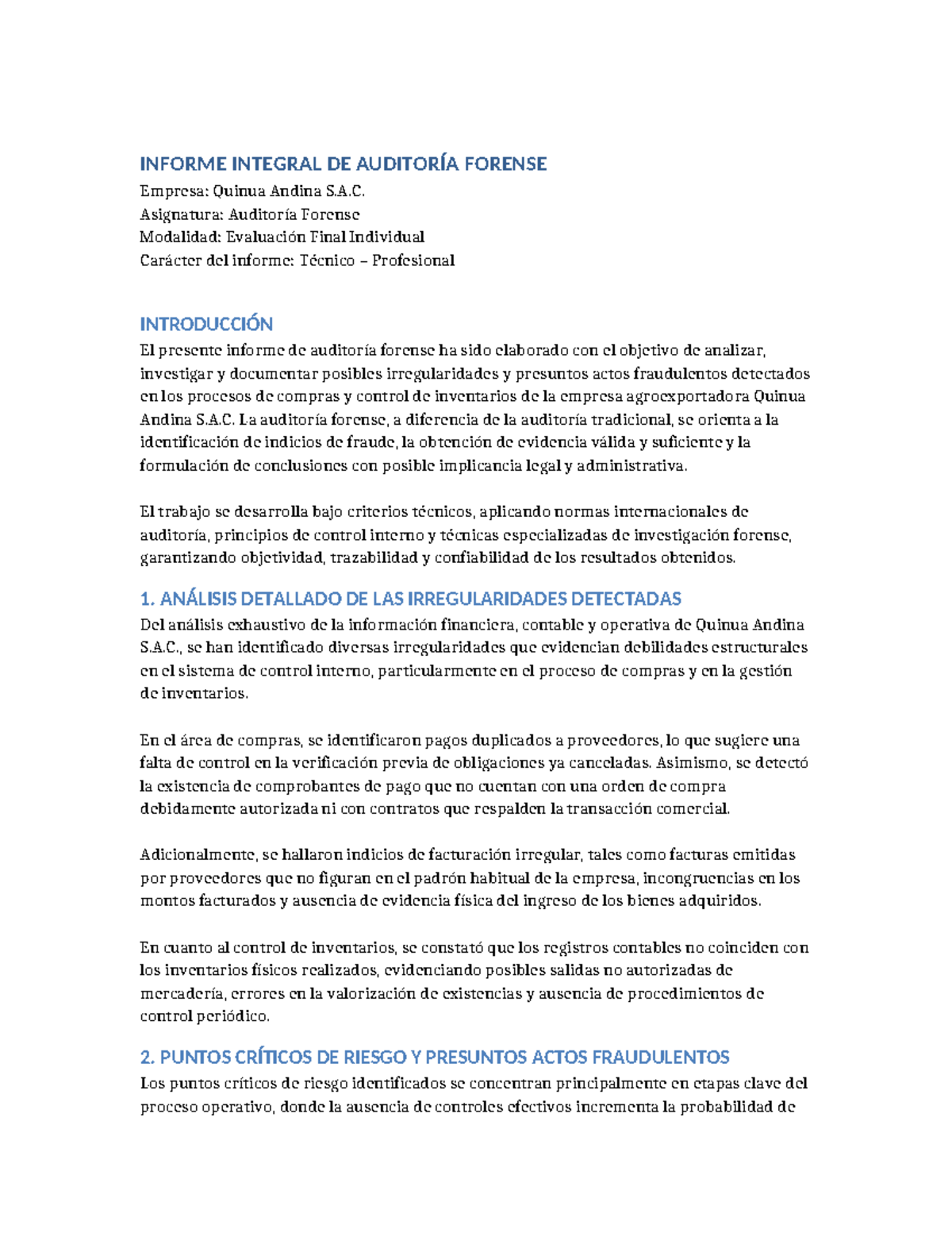 Informe Final de Auditoría Forense - Quinua Andina S.A.C. - Studocu
