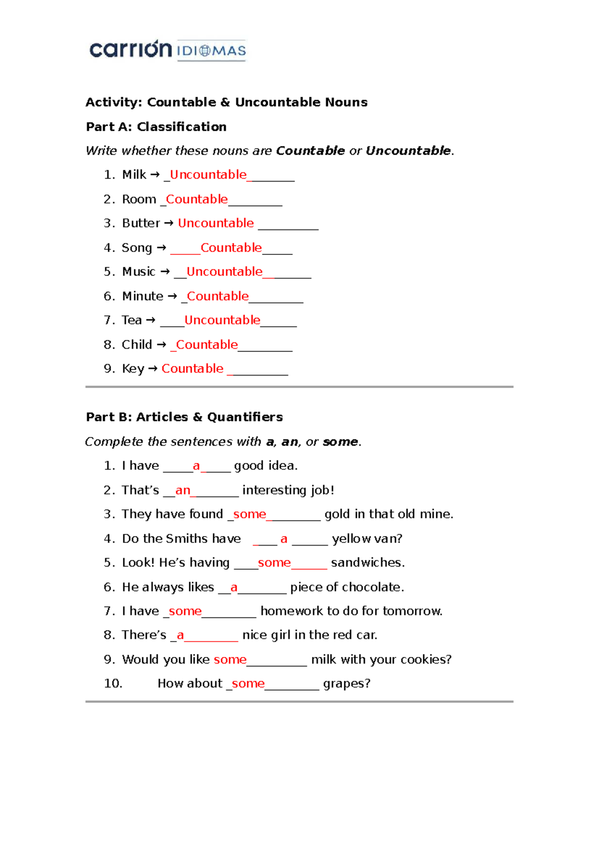 IB2 Countable and Uncountable Nouns Activity Guide - Studocu