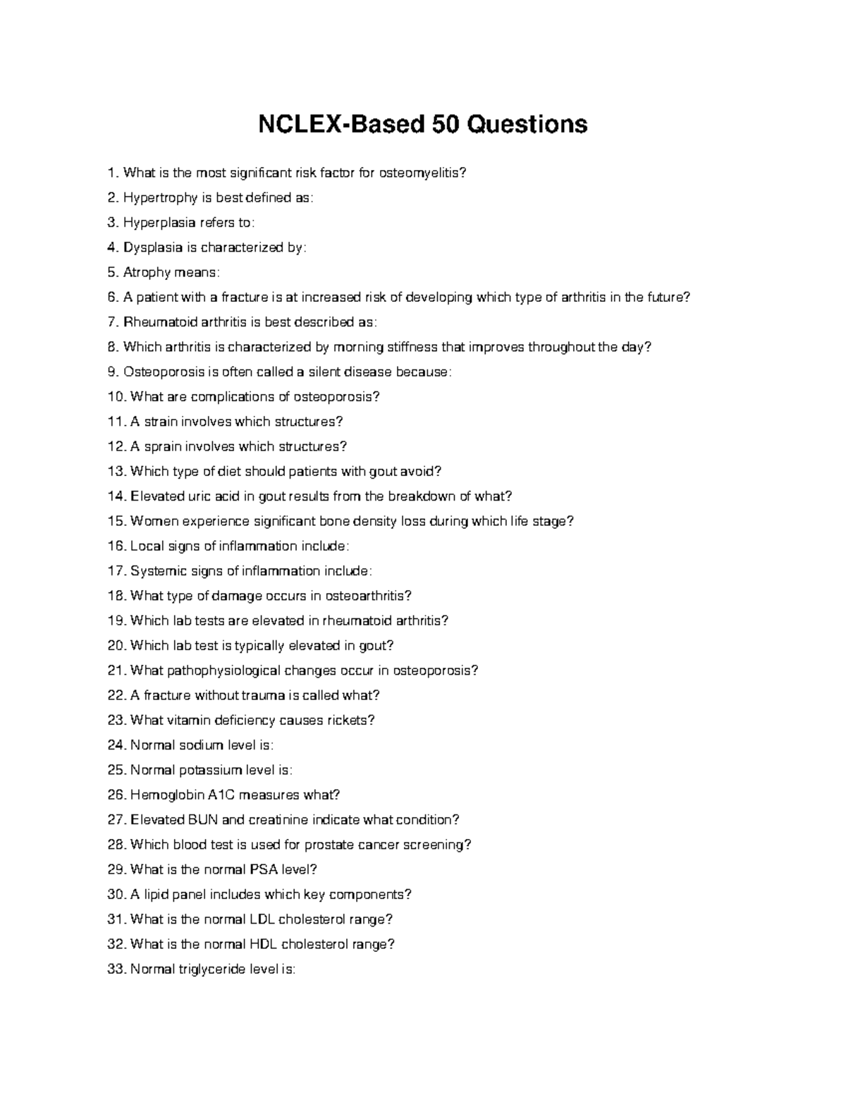 NCLEX 50 Questions - Key Concepts in Osteomyelitis & Arthritis - Studocu