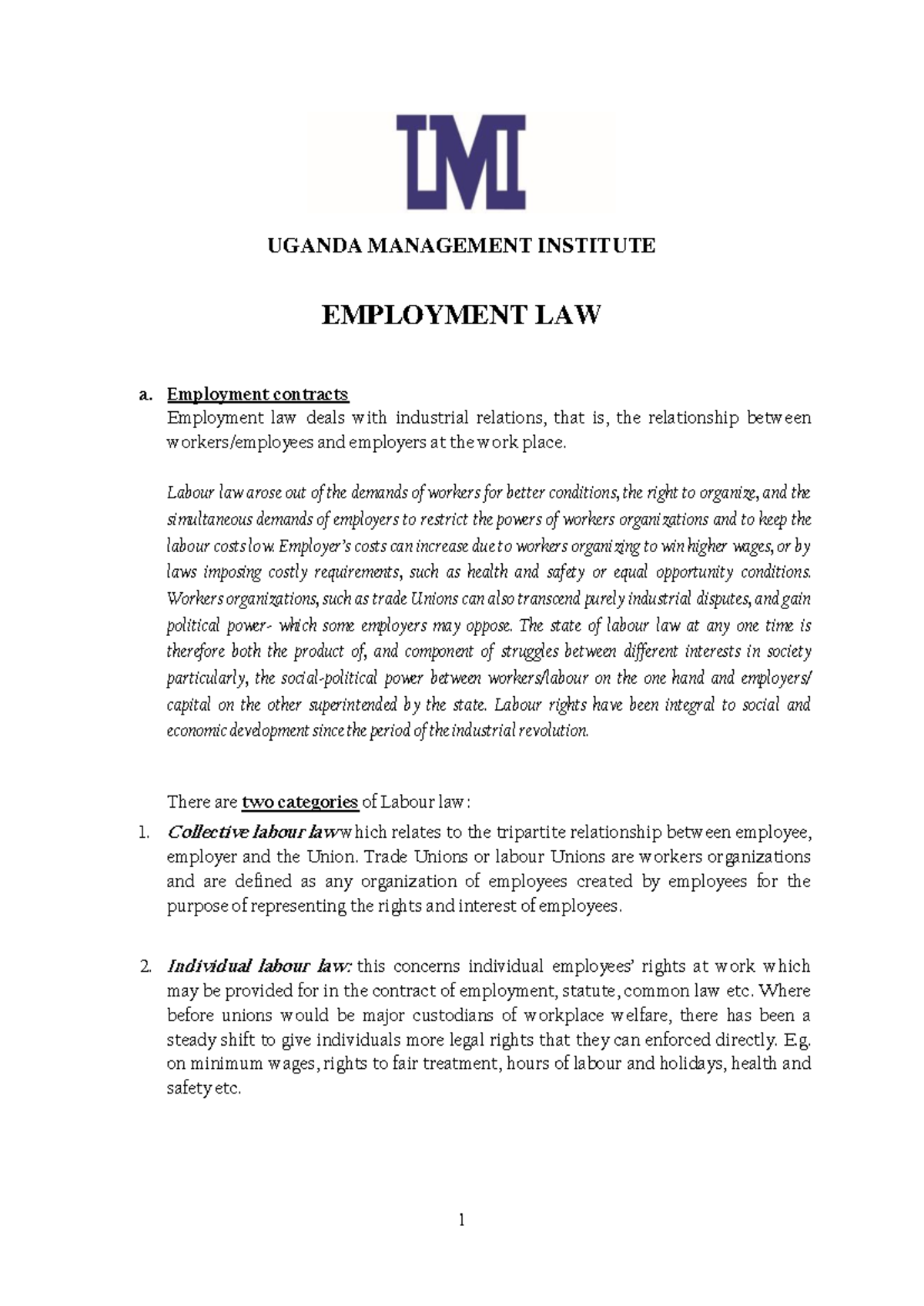 UGANDA MANAGEMENT INSTITUTE: EMPLOYMENT LAW OVERVIEW - Studocu