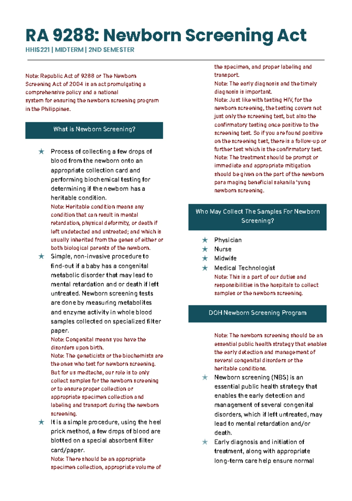 HHIS221 | MIDTERM | Overview of RA 9288: Newborn Screening Act - Studocu