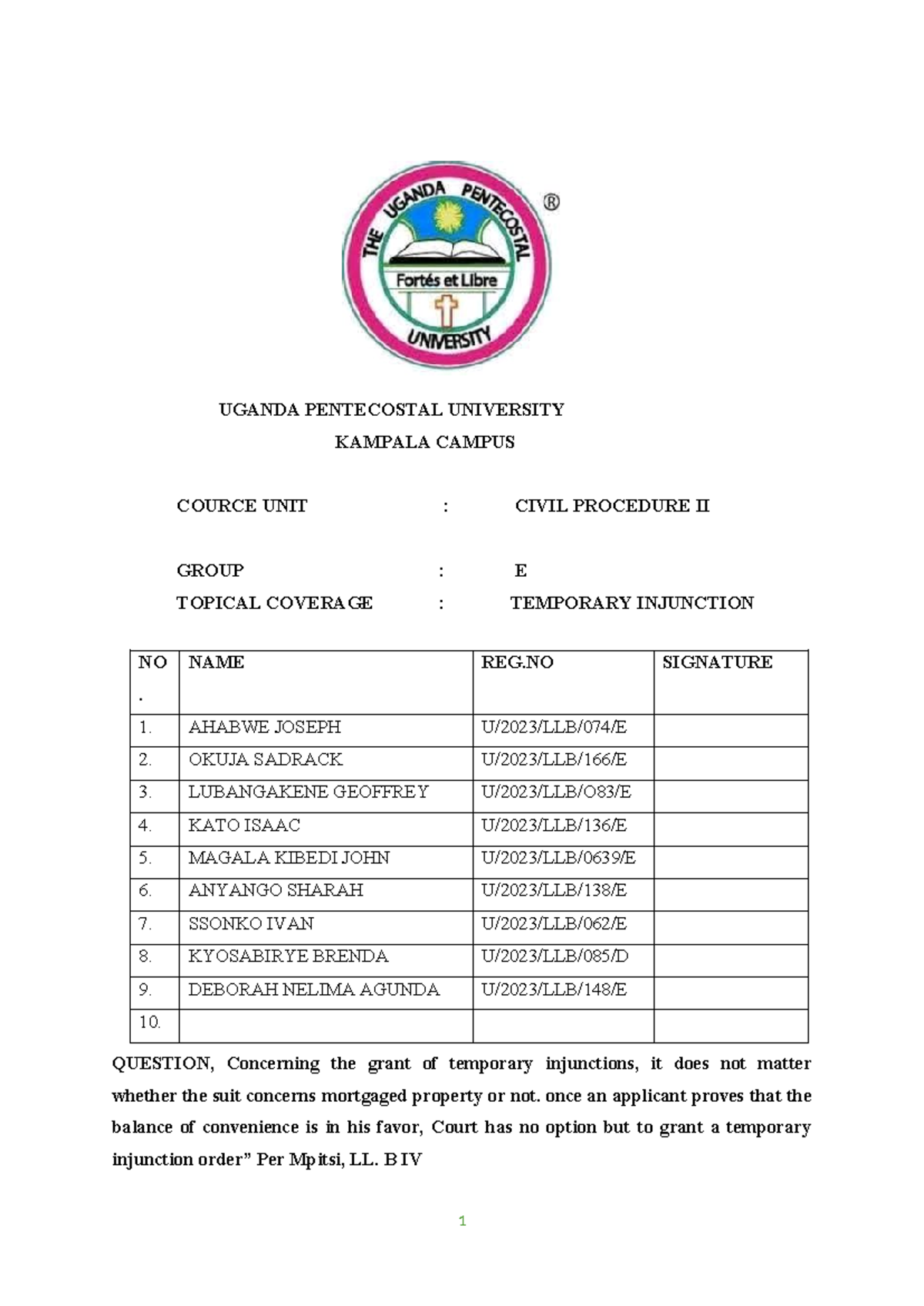 Civil Procedure II: Analysis of Temporary Injunctions in Uganda - Studocu