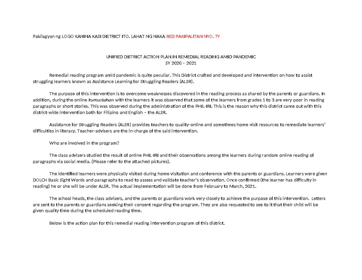 Action Plan for Remedial Reading Program SY 2020-2021 - Studocu