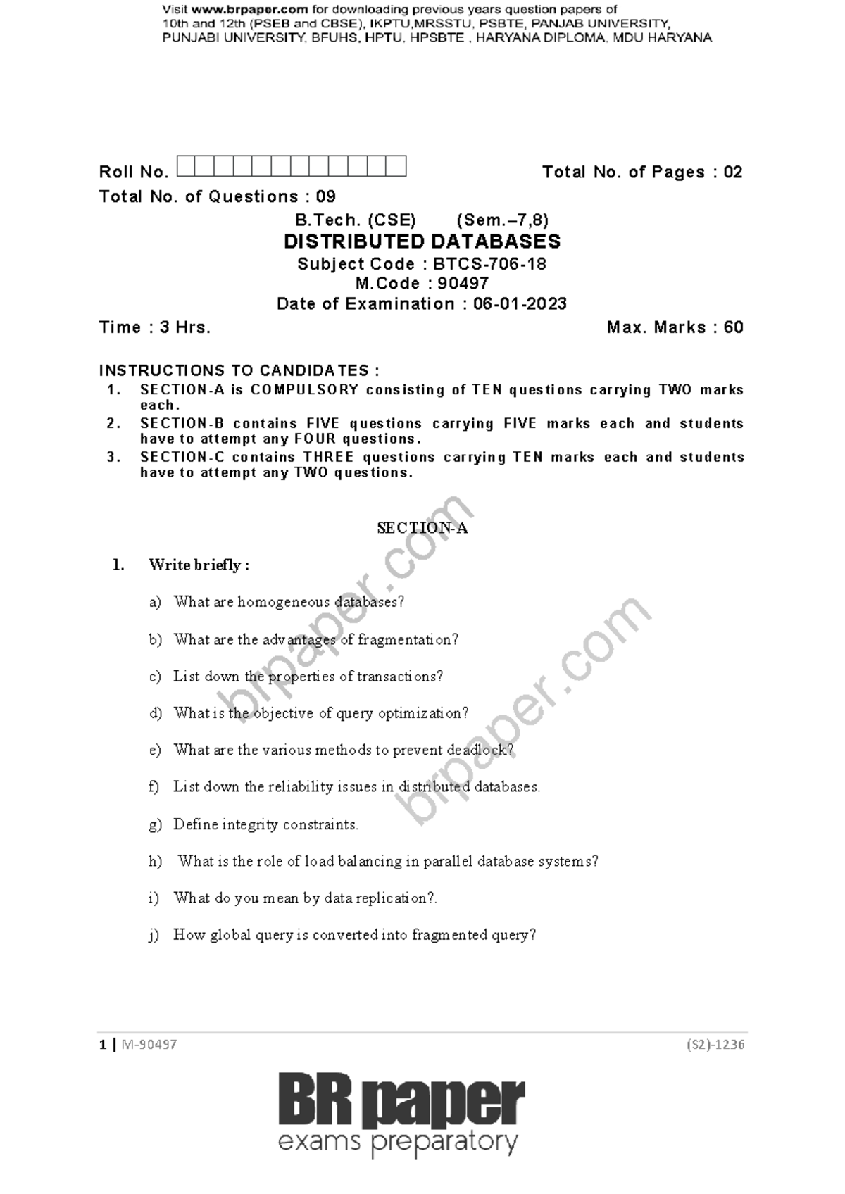 DD(7-8th)Dec2022 - This is distributed database question paper - 1 | M ...
