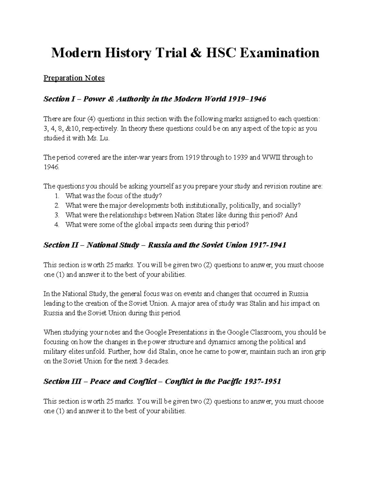 Modern History HSC Trial Exam Prep Notes: Power & Conflict - Studocu