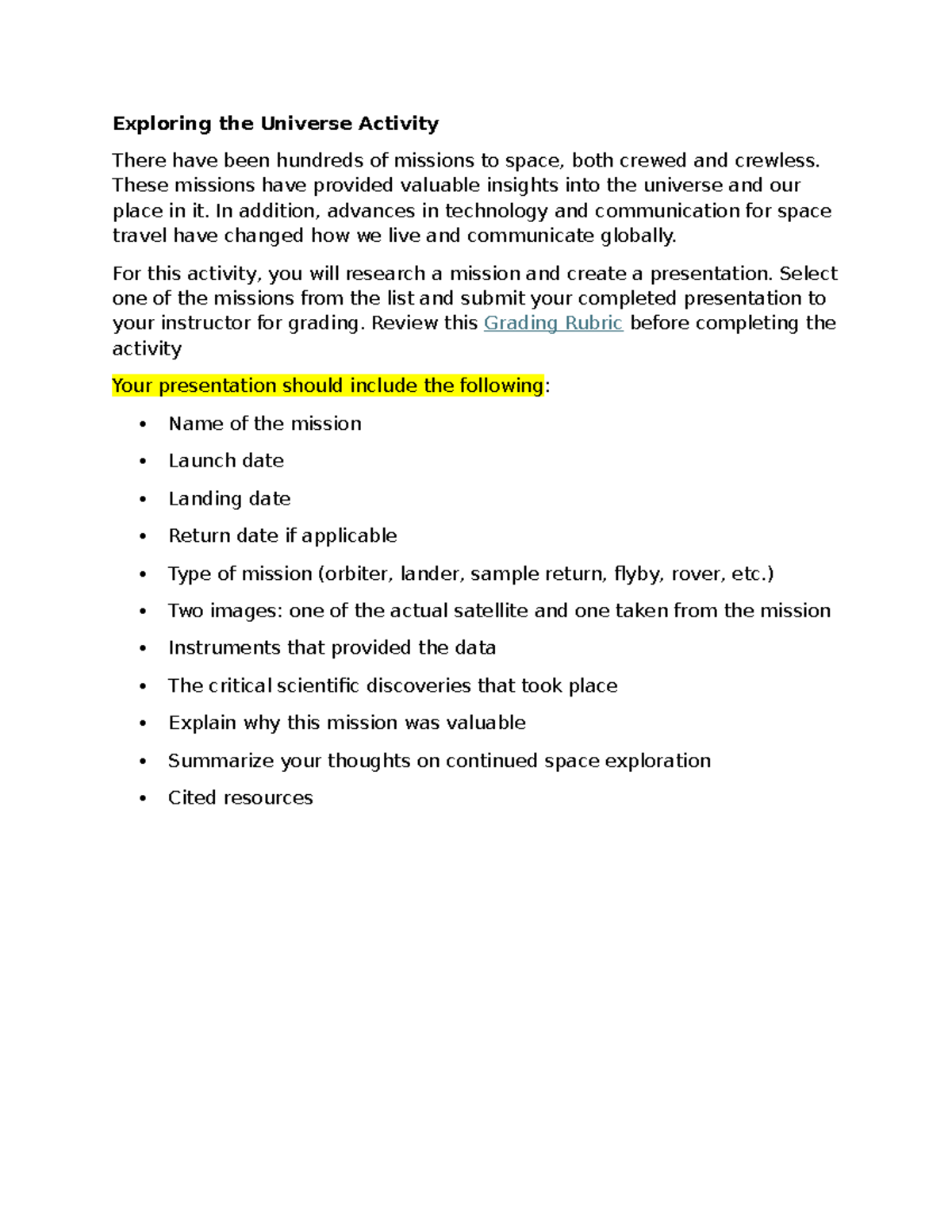 Exploring Space Missions: Presentation Activity Guide - Studocu
