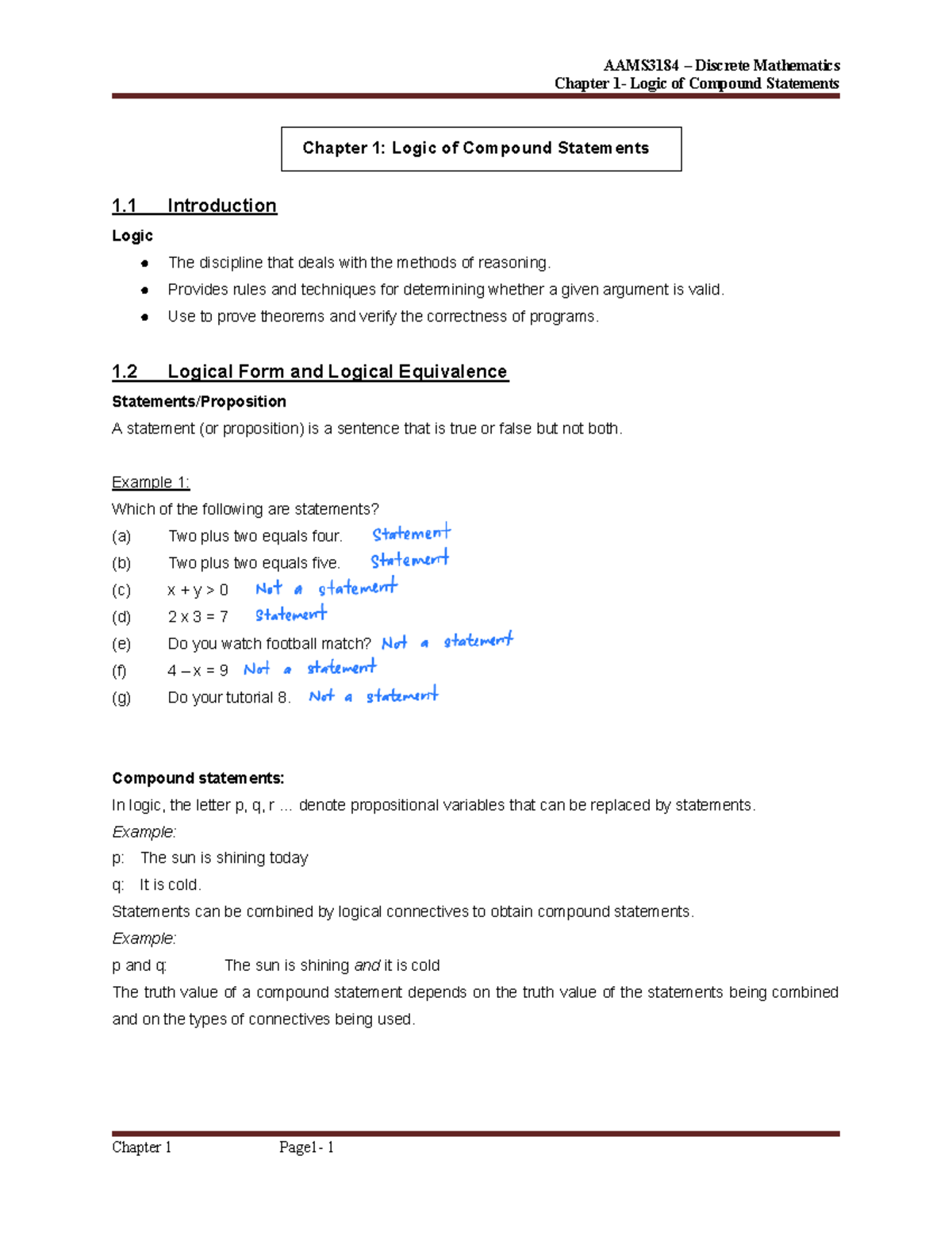 AAMS3184 Discrete Mathematics Chapter 1: Logic of Compound Statements ...