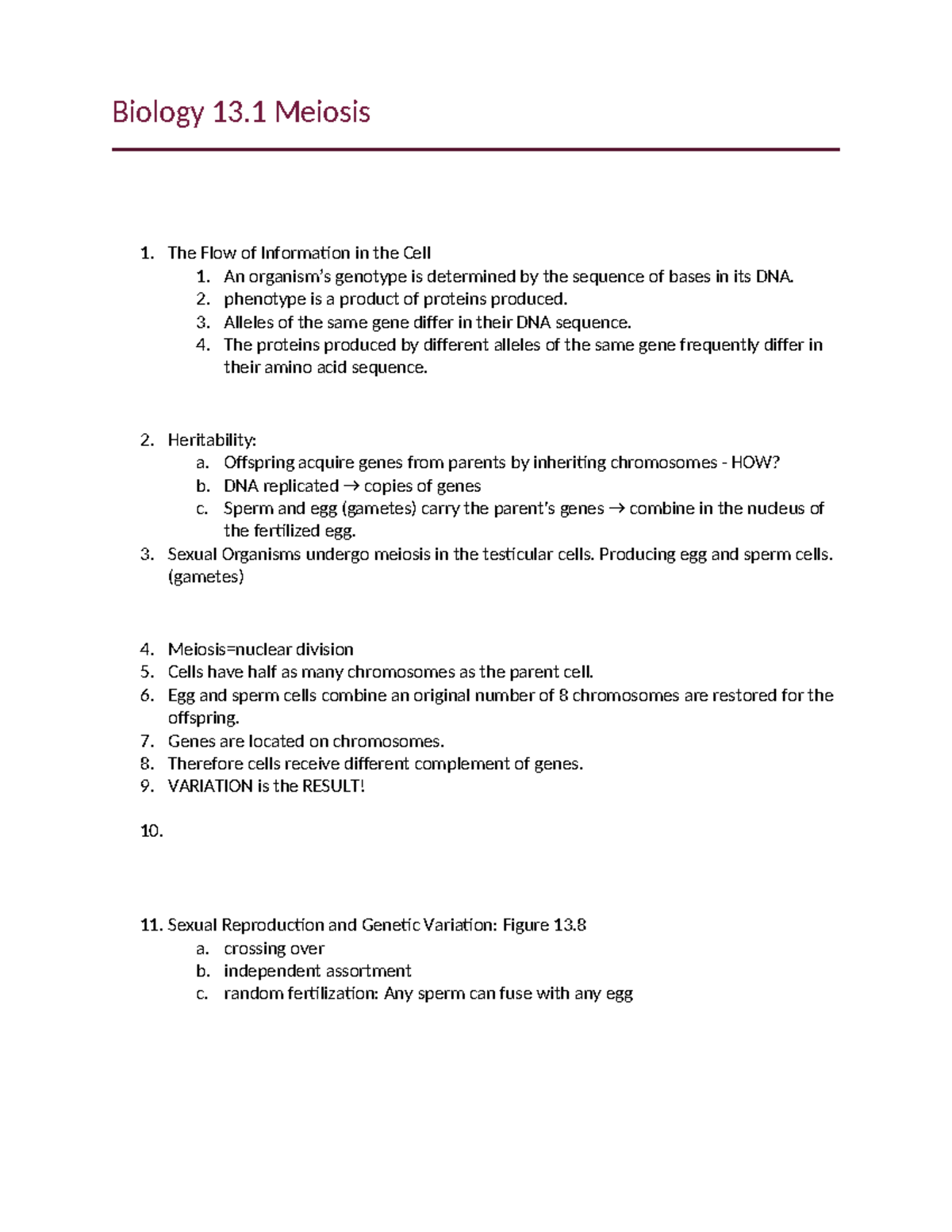 Biology 13.1 Meiosis - Bio Notes - Biology 13 Meiosis 1. The Flow of ...