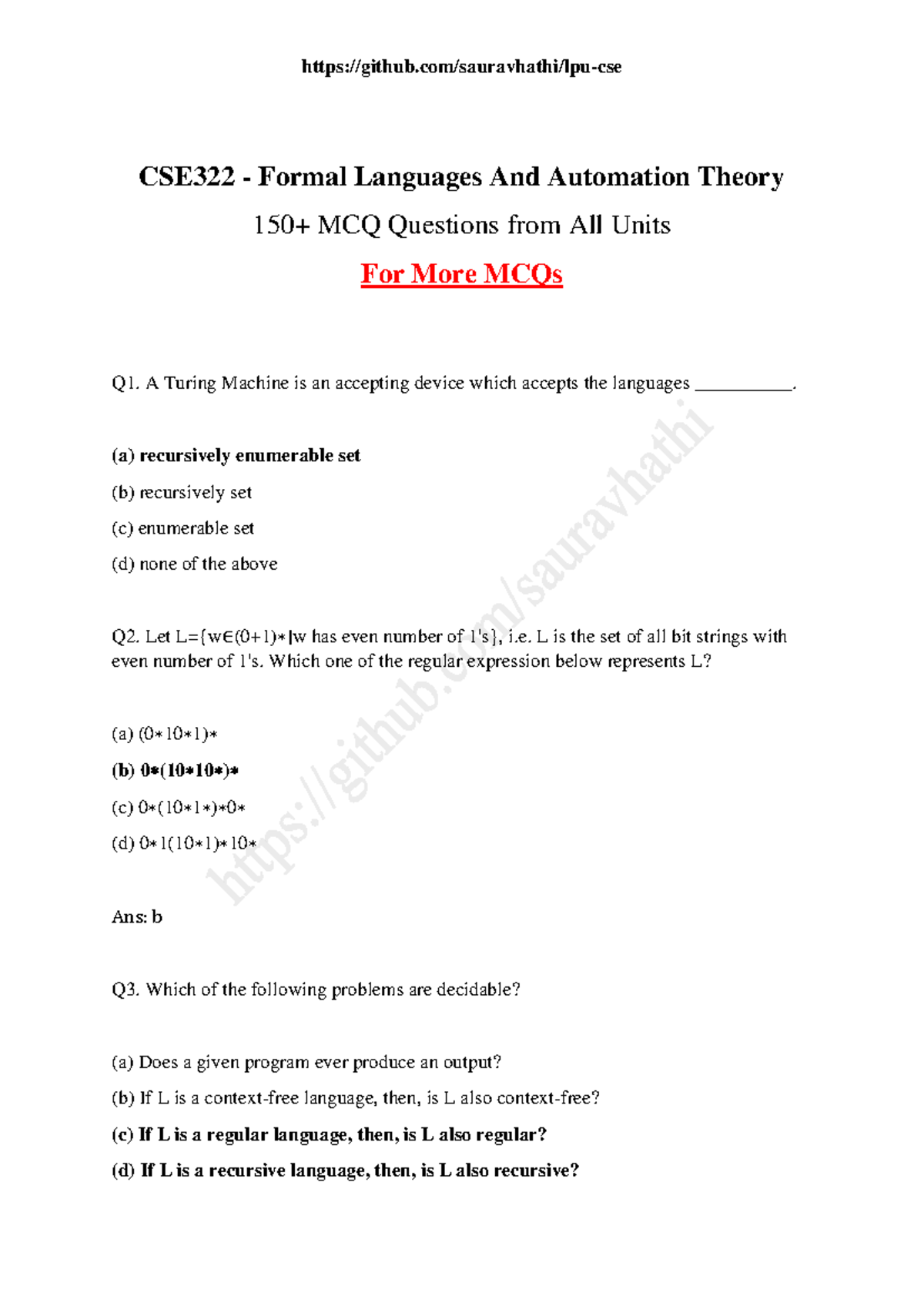 CSE322 Formal Languages And Automation Theory 150 MCQ Questions - A Turing Machine is an ...