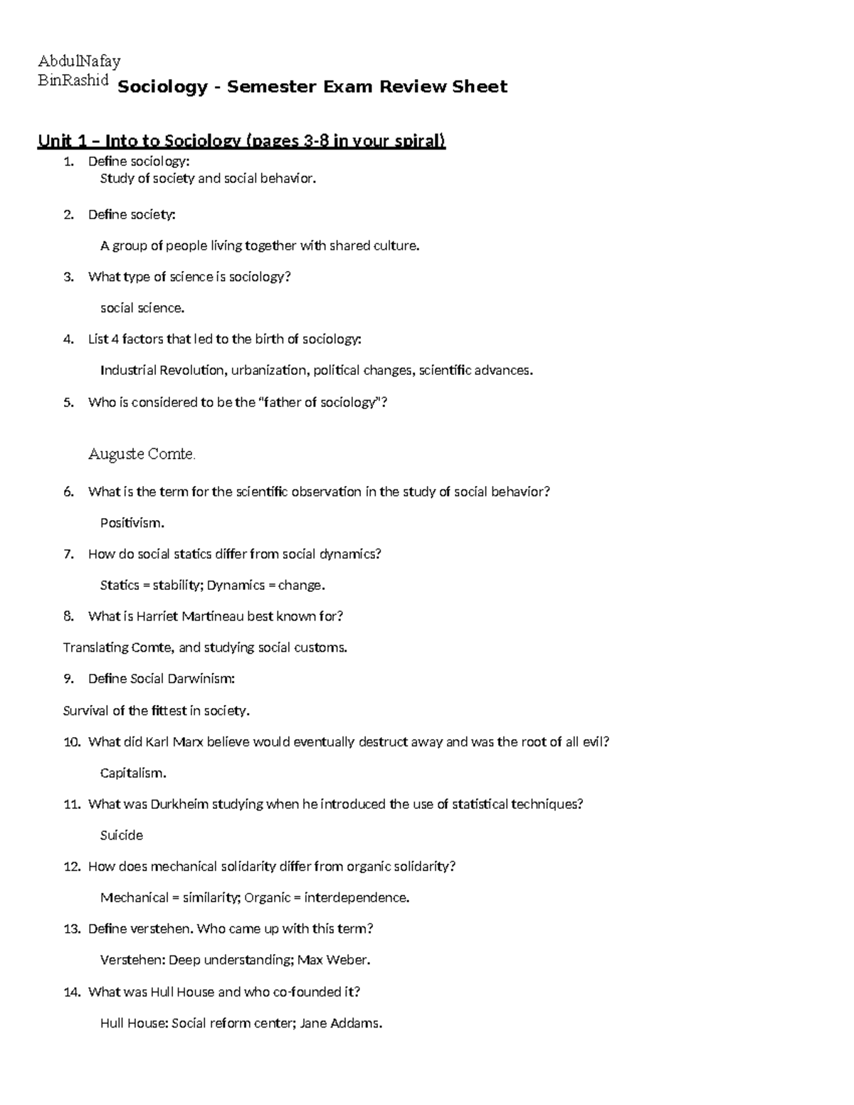 Sociology 101 Fall Semester Exam Review Sheet 2024 - Studocu