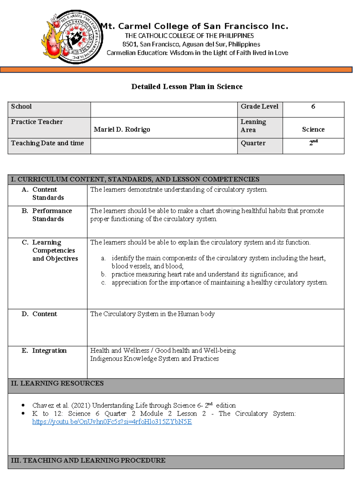 Detailed Lesson Plan in Science (Grade 6) on Circulatory System - Studocu