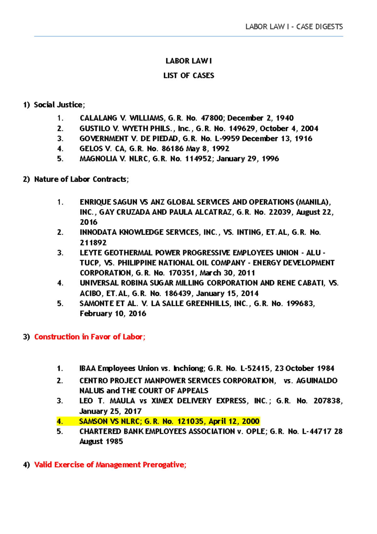 Labor Law I: Table of Cases and Key Provisions Overview - Studocu