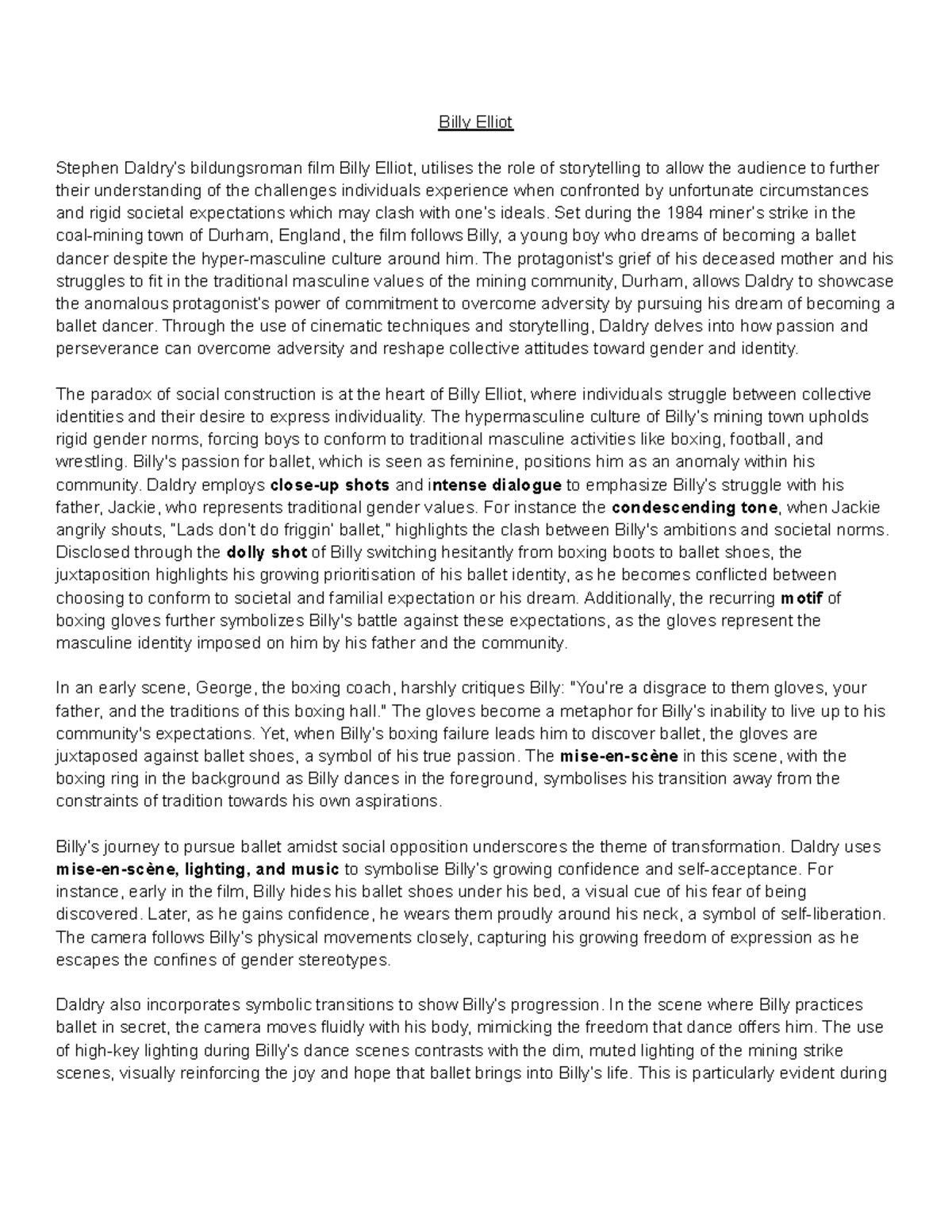 English HSC - Analysis of Themes in Billy Elliot's Journey - Studocu