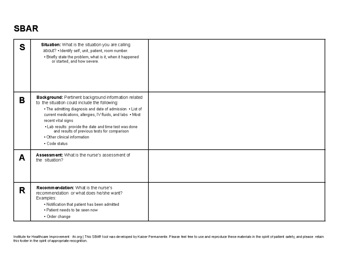 SBAR Technique for Communication in Healthcare Settings - Studocu