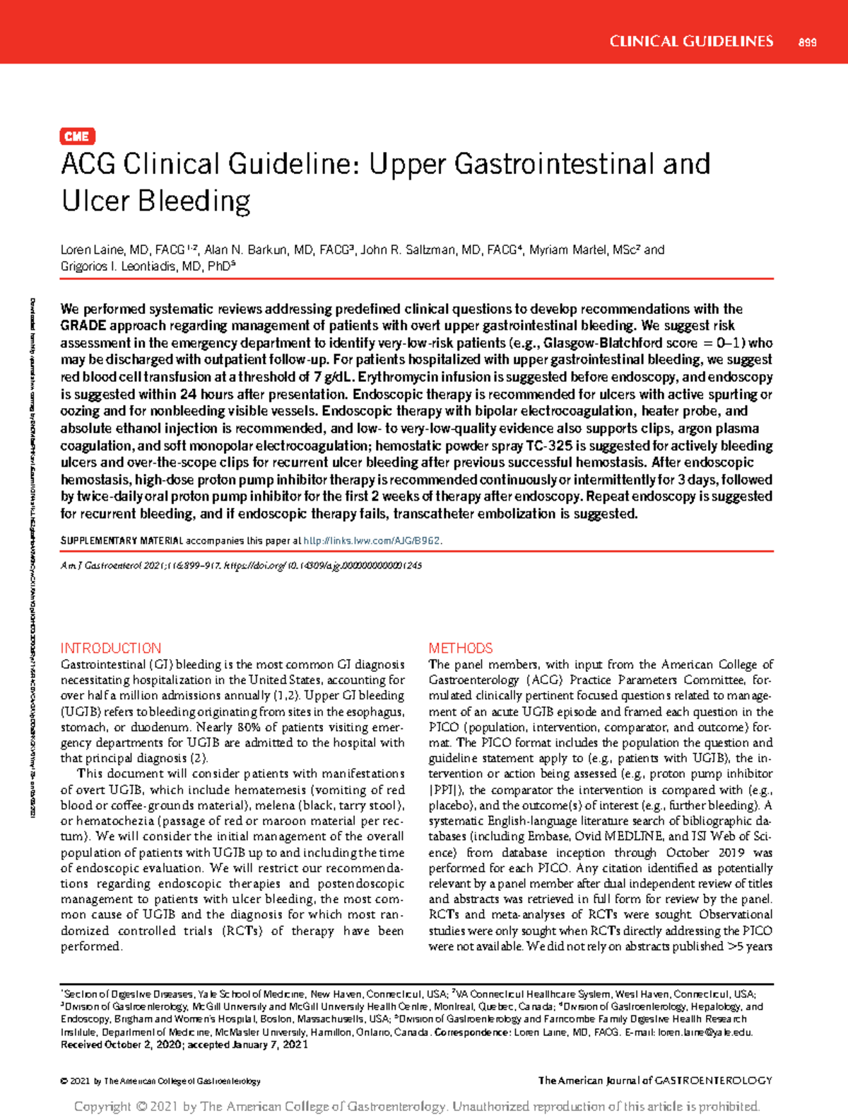 ACG Clinical Guideline: Management of Upper Gastrointestinal Bleeding ...