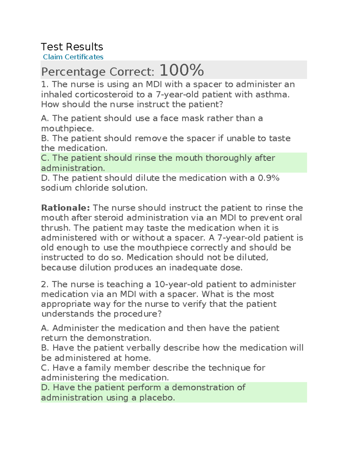 MDI Inhaler Spacer - Test Results Claim Certificates Percentage Correct ...