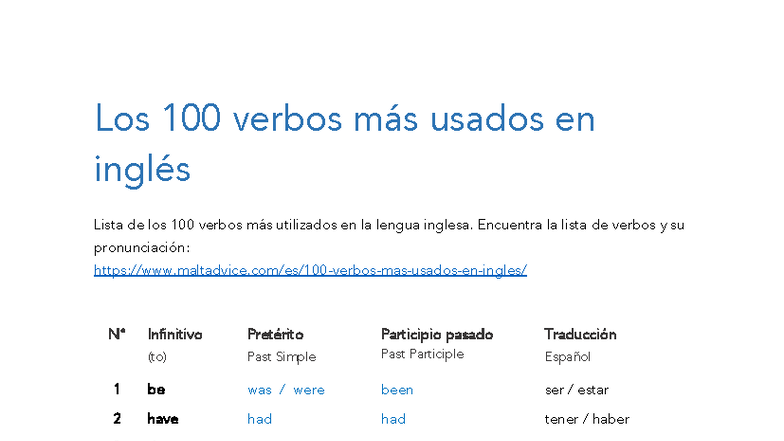 Top 100 Verbos Más Usados en Inglés: Lista y Pronunciación - Studocu