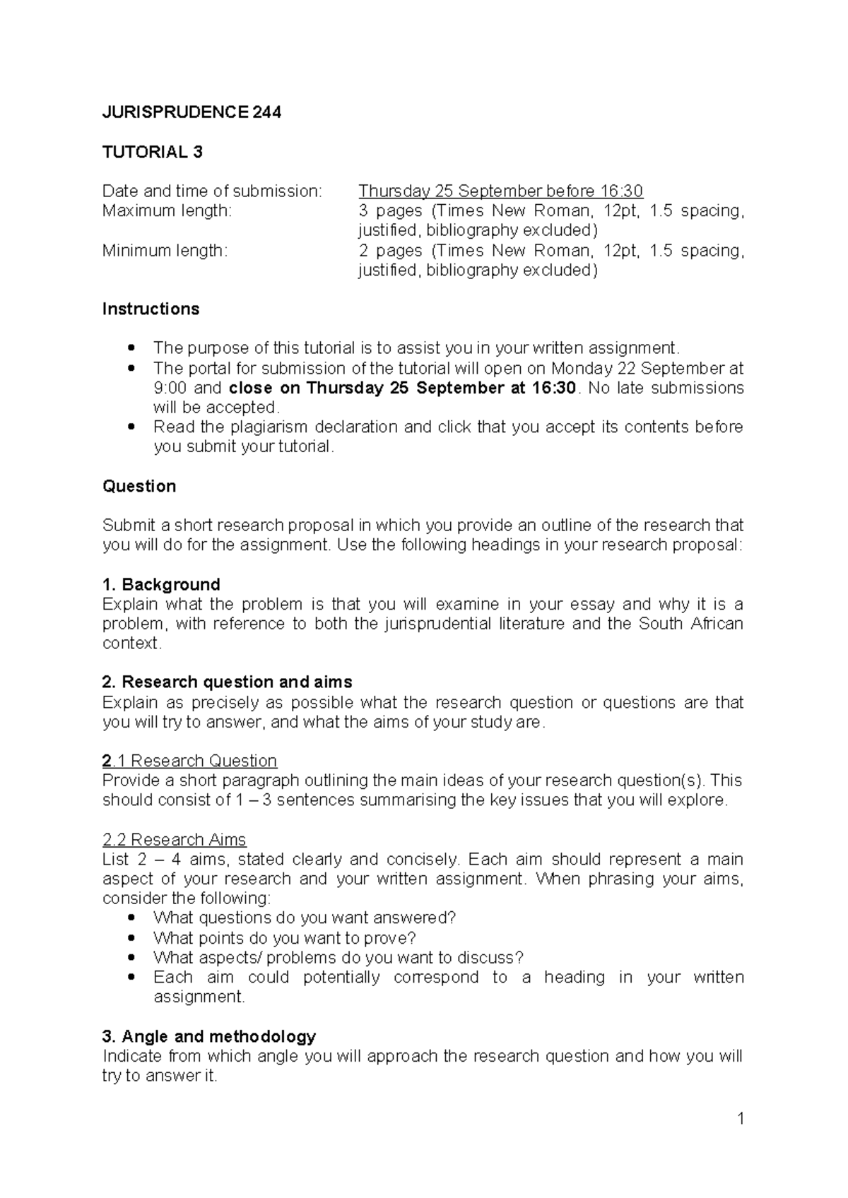 JURISPRUDENCE 244 TUTORIAL 3: Research Proposal Guidelines - Studocu