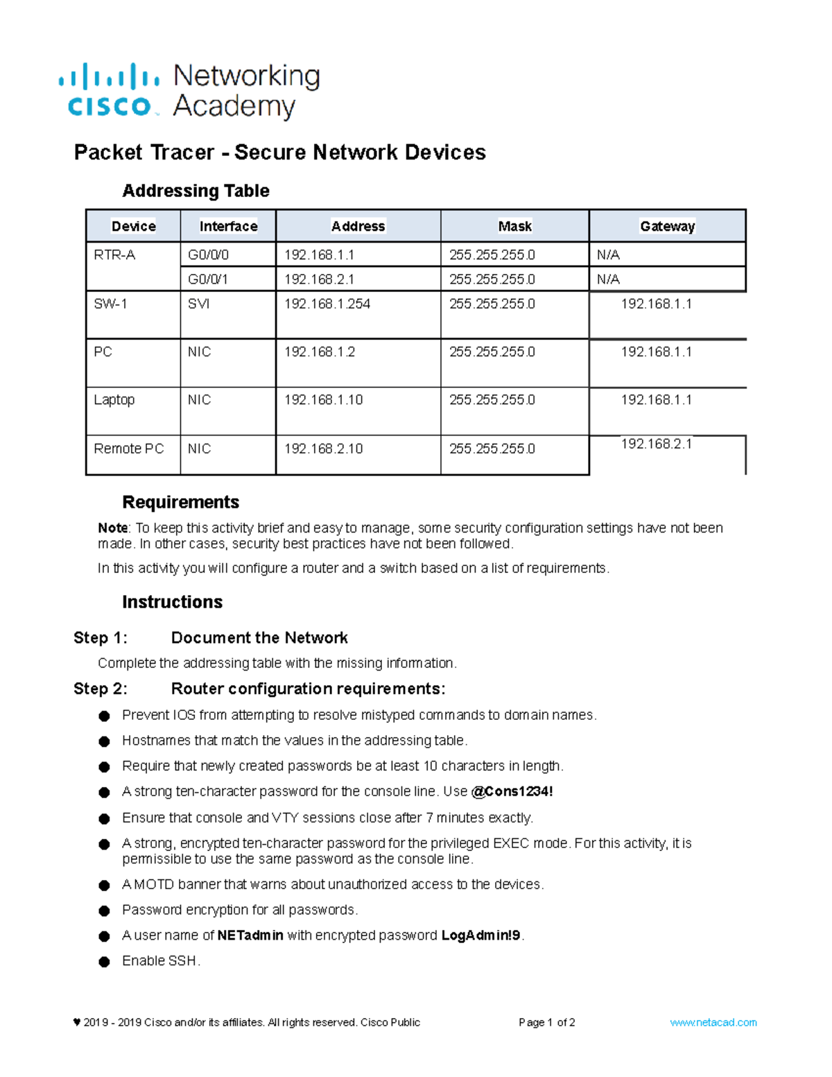 16.5.1 Packet Tracer: Securing Network Devices Configuration Guide - Studocu
