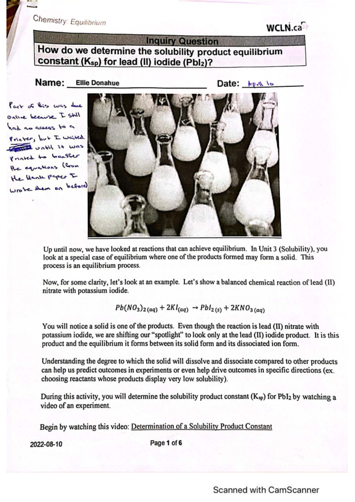 Chem 12 Unit 3-4 Project: Ksp Determination for PbI₂ - Studocu