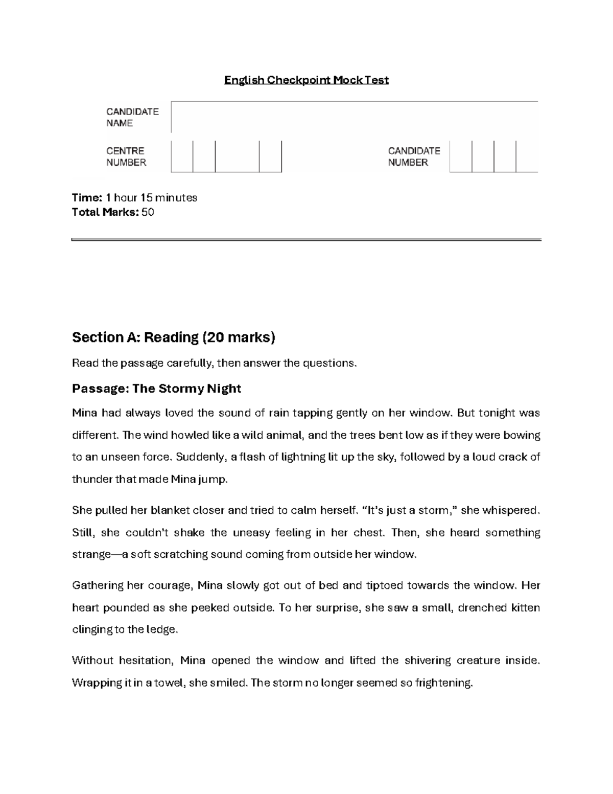 English Checkpoint Mock Test: The Stormy Night Passage Analysis - Studocu