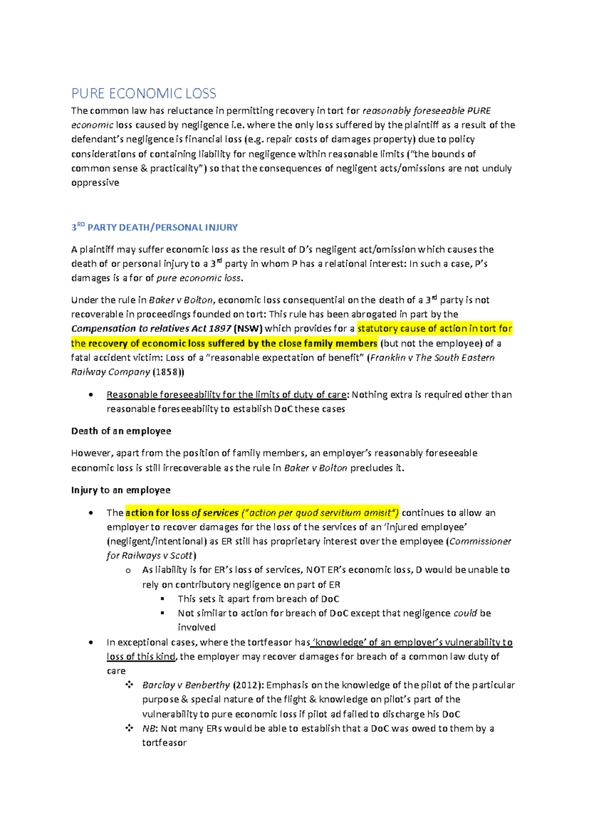 Notes on Pure Economic Loss in Tort Law (ECON 101) - Studocu
