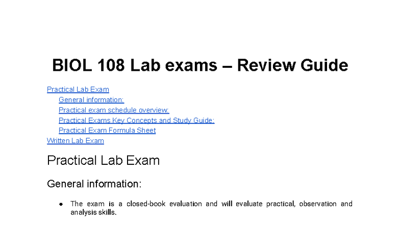 BIOL 108 Lab Exam Review Guide - Practical & Written Exam Tips - Studocu