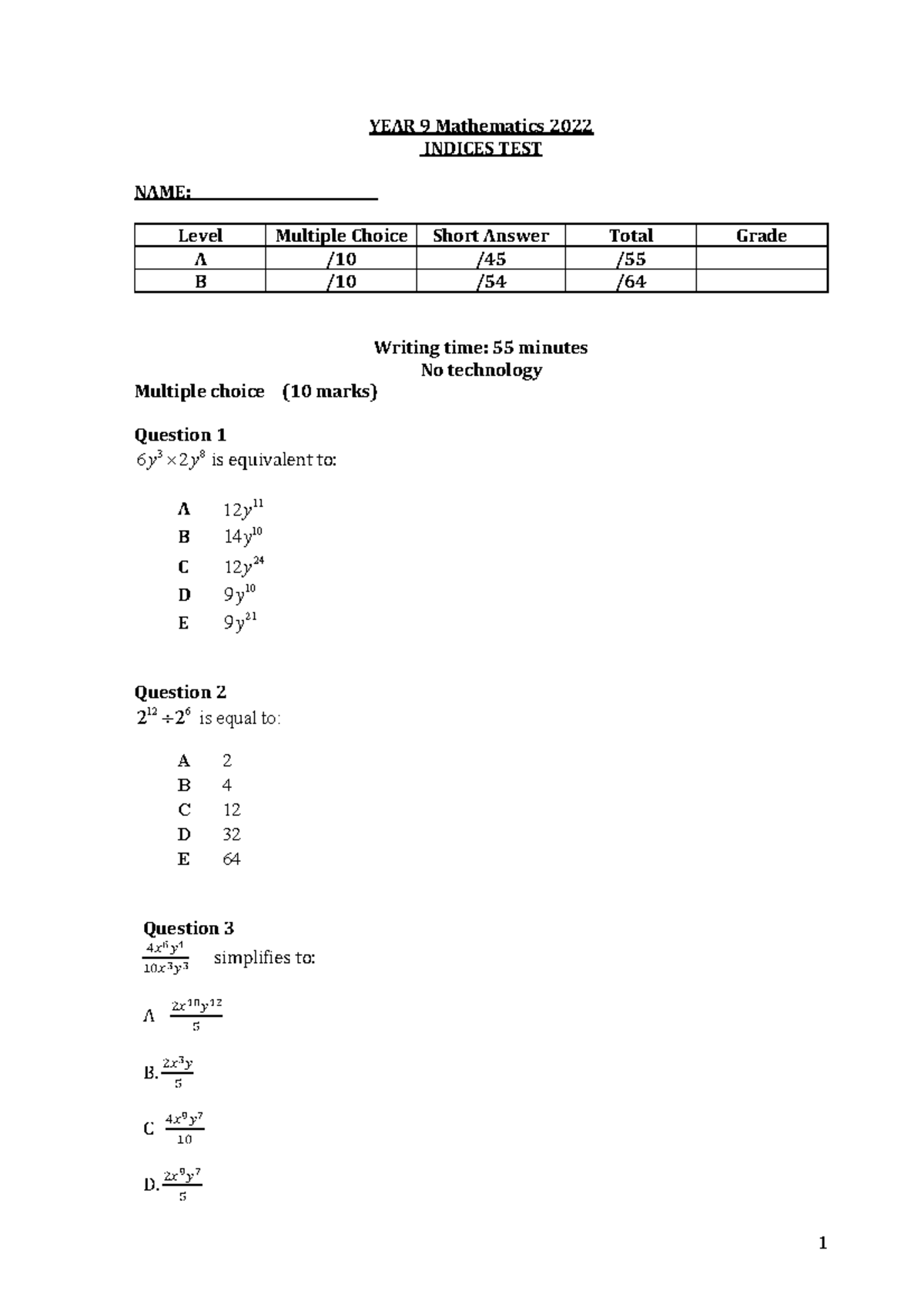 Indices Test 2022 - I need practice exams and tests - YEAR 9 ...