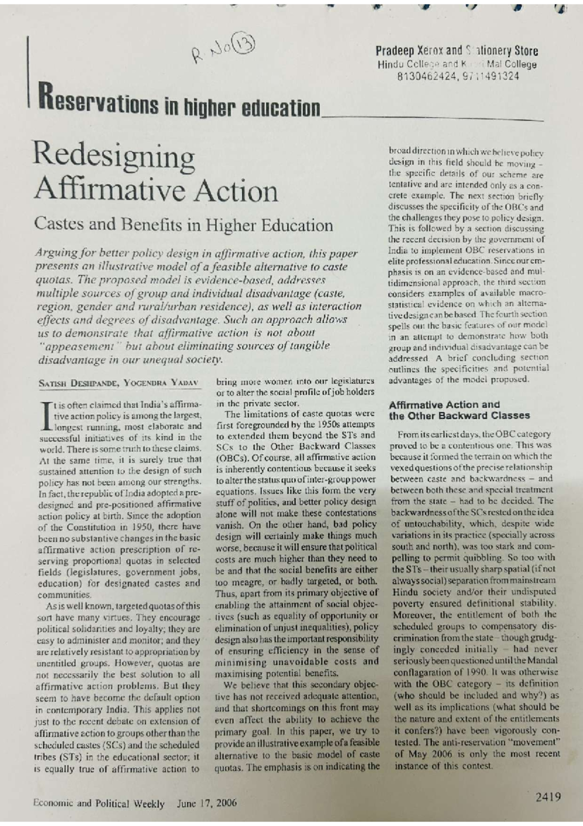 Affirmative Action in Higher Education: A Policy Redesign Model (OBC ...