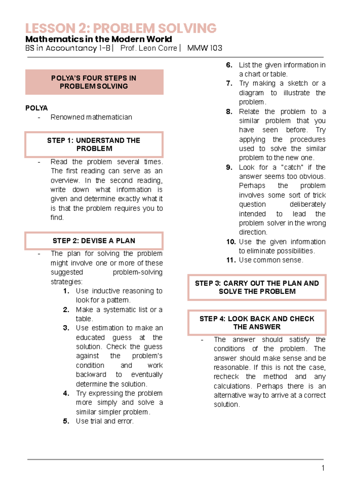 MMW 103: Problem Solving Strategies in Mathematics - Studocu