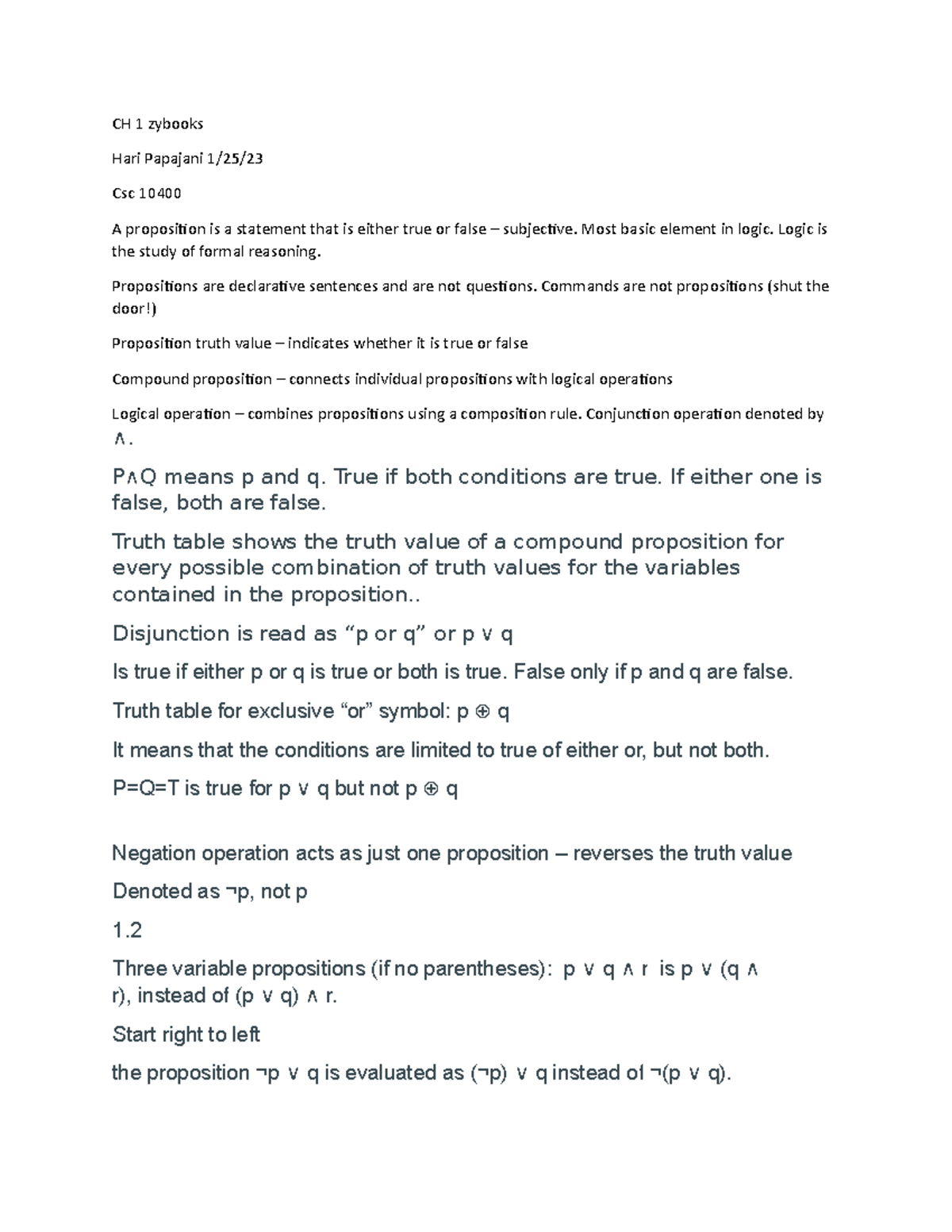 Csc 10400 - Chapter 1: Fundamentals of Logic and Propositions - Studocu