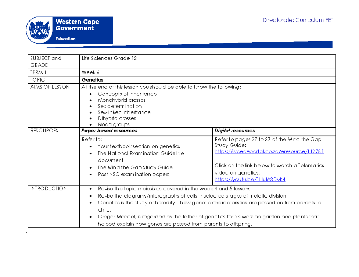 Life Sciences Grade 12 Term 1 Week 6 Genetics Lesson Notes - Studocu