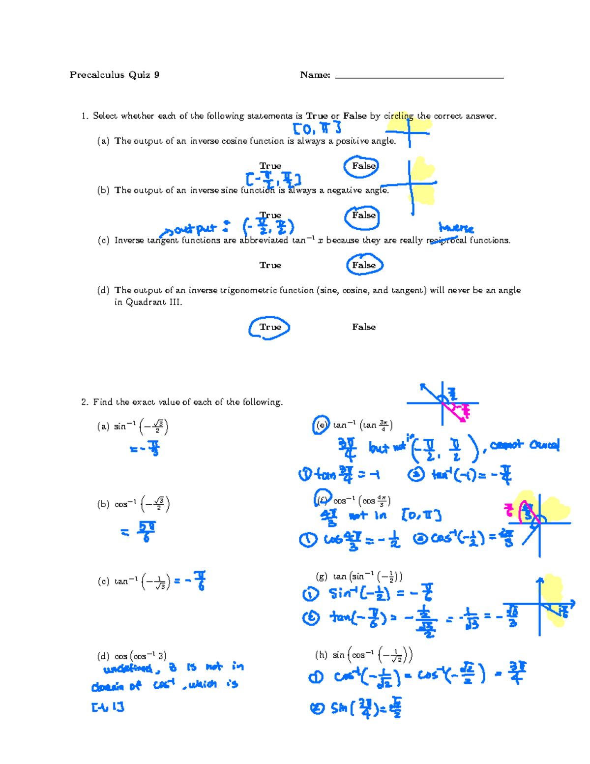 Precalculus Quiz 9 (5.5) Solutions and Explanations - Studocu