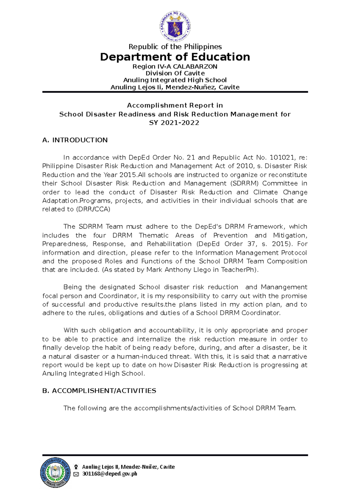 Accomplishment Report: School DRRM Initiatives SY 2021-2022 - Studocu