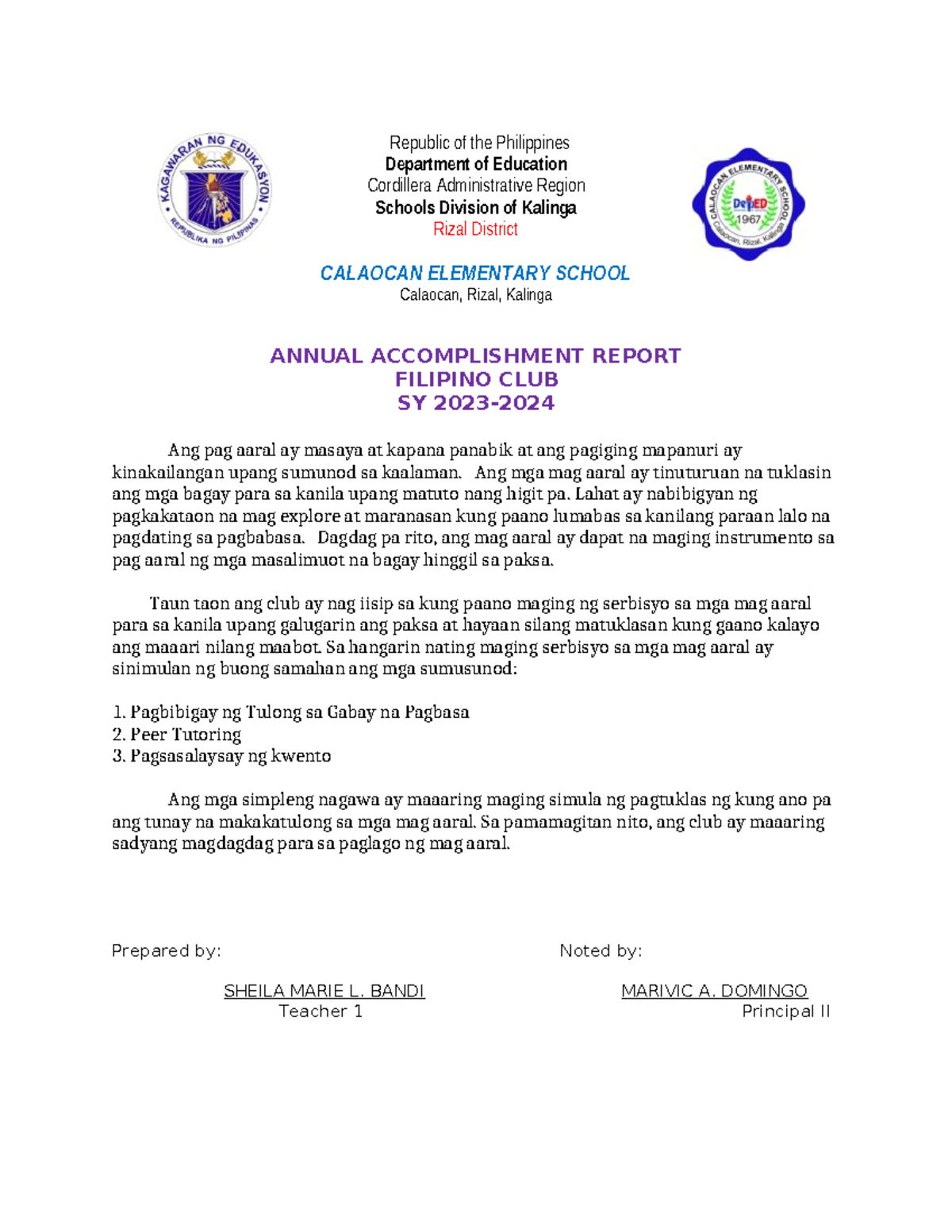 Annual Accomplishment Report of the Filipino Club SY 2023-2024 - Studocu