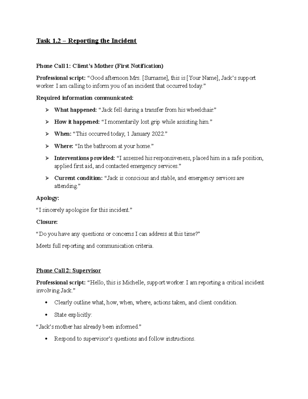 Task 1.2 Incident Reporting: Phone Call Scripts & Details - Studocu