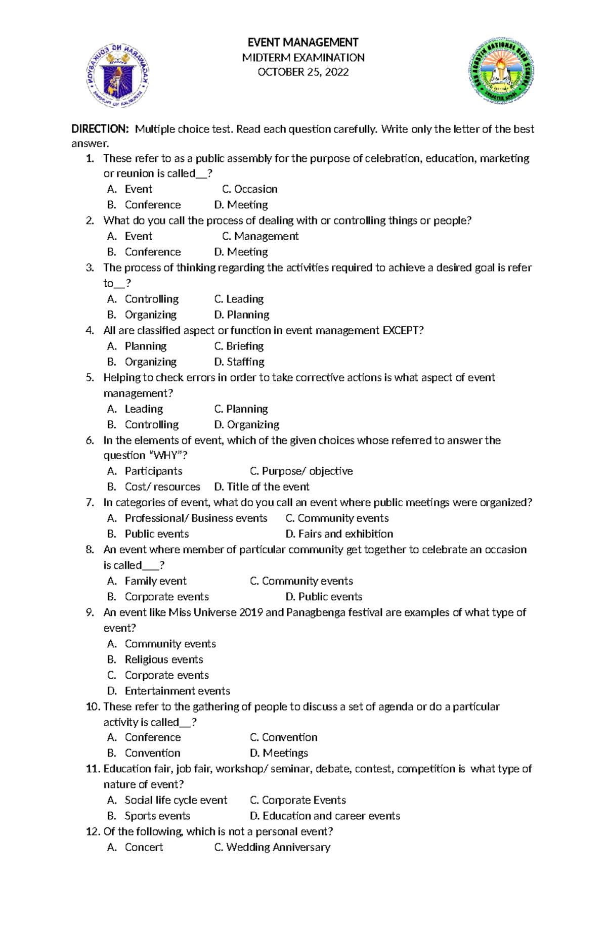 Event Management Midterm Exam Questions 2022 - Studocu