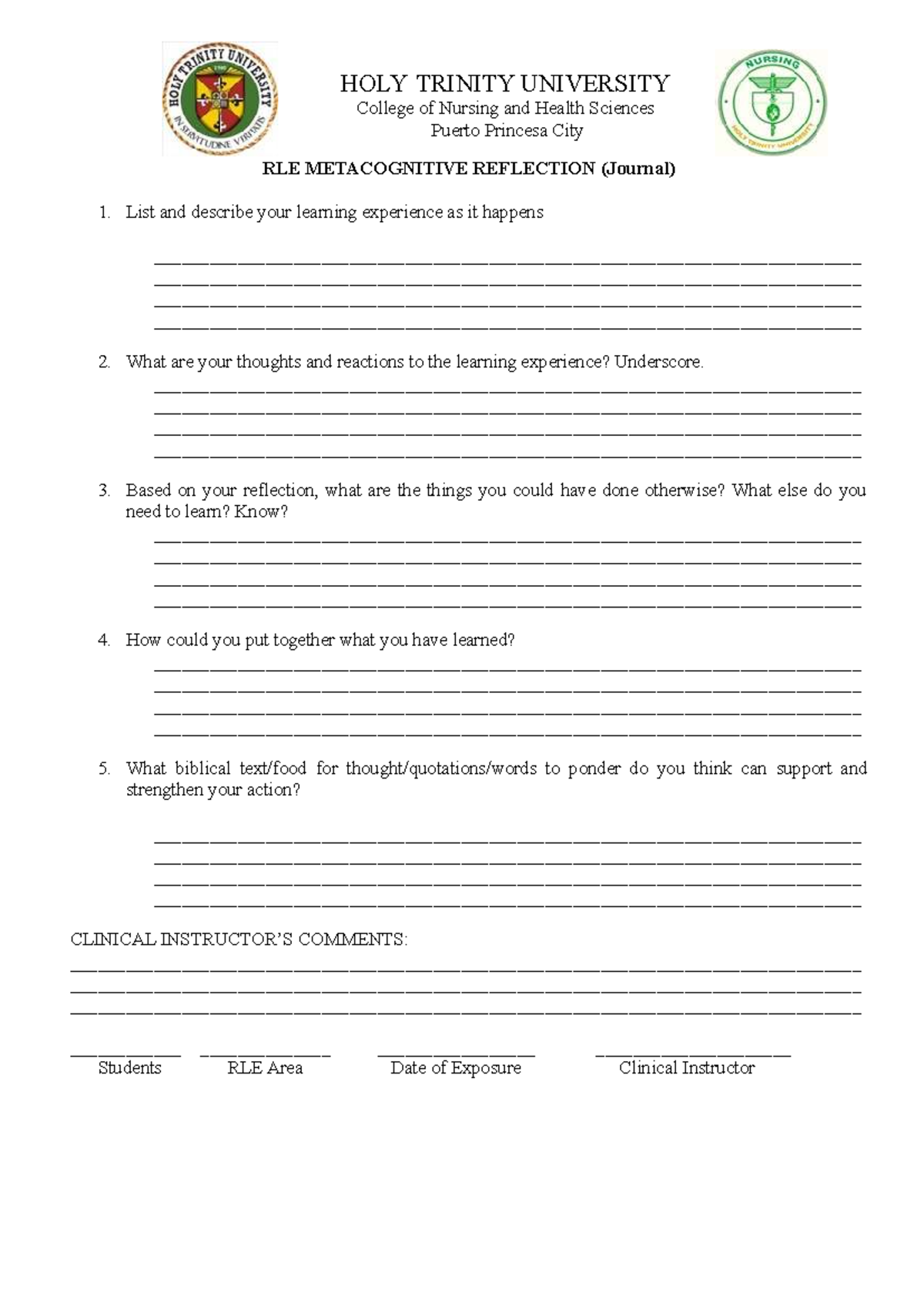 RLE Metacognitive Reflection Journal - Holy Trinity University - Studocu