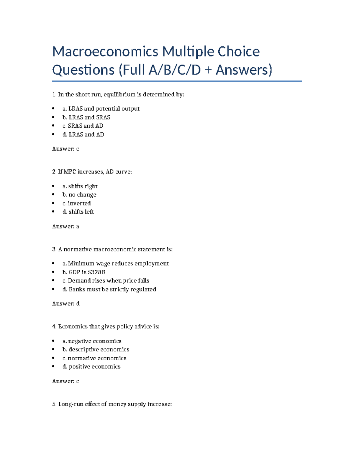 Macroeconomics MCQ Study Guide (Full Answers) - Studocu