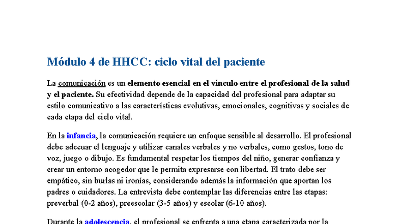 Módulo 4 HHCC: Comunicación en el Ciclo Vital del Paciente - Studocu